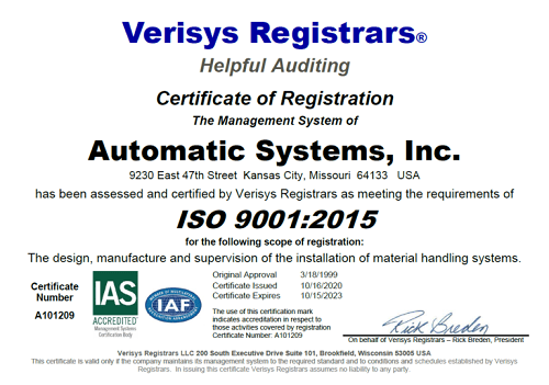 Our Quality / ISO Program - Automatic Systems, Inc.